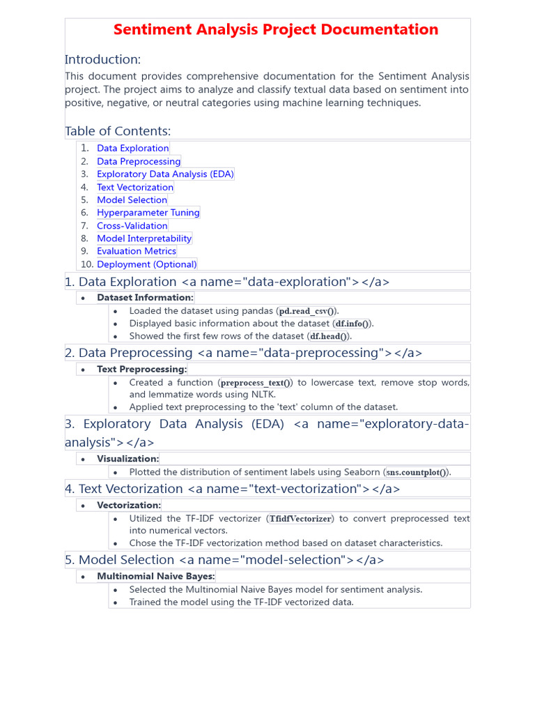 Sentiment Analysis Project Documentation | PDF