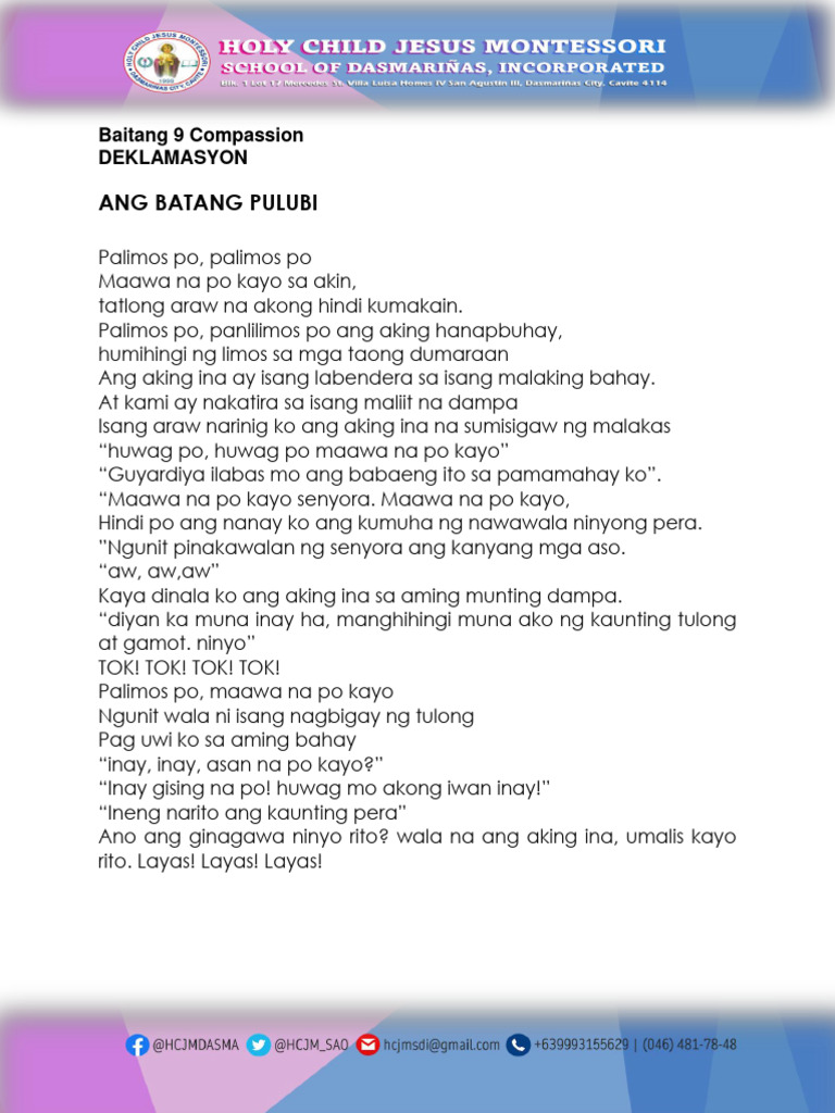 BAITANG 9 - COMPASSION (PIYESA PARA SA DEKLAMASYON) | PDF