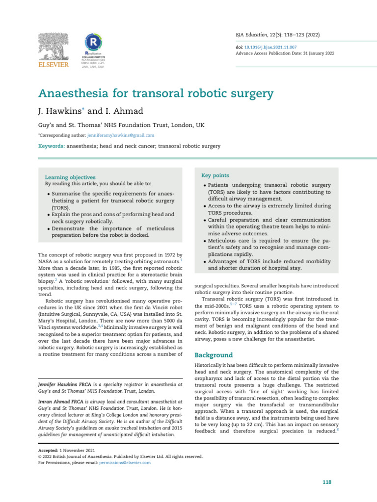 Anaesthesia For Transoral Robotic Surgery 2022 Bja | PDF | Surgery ...