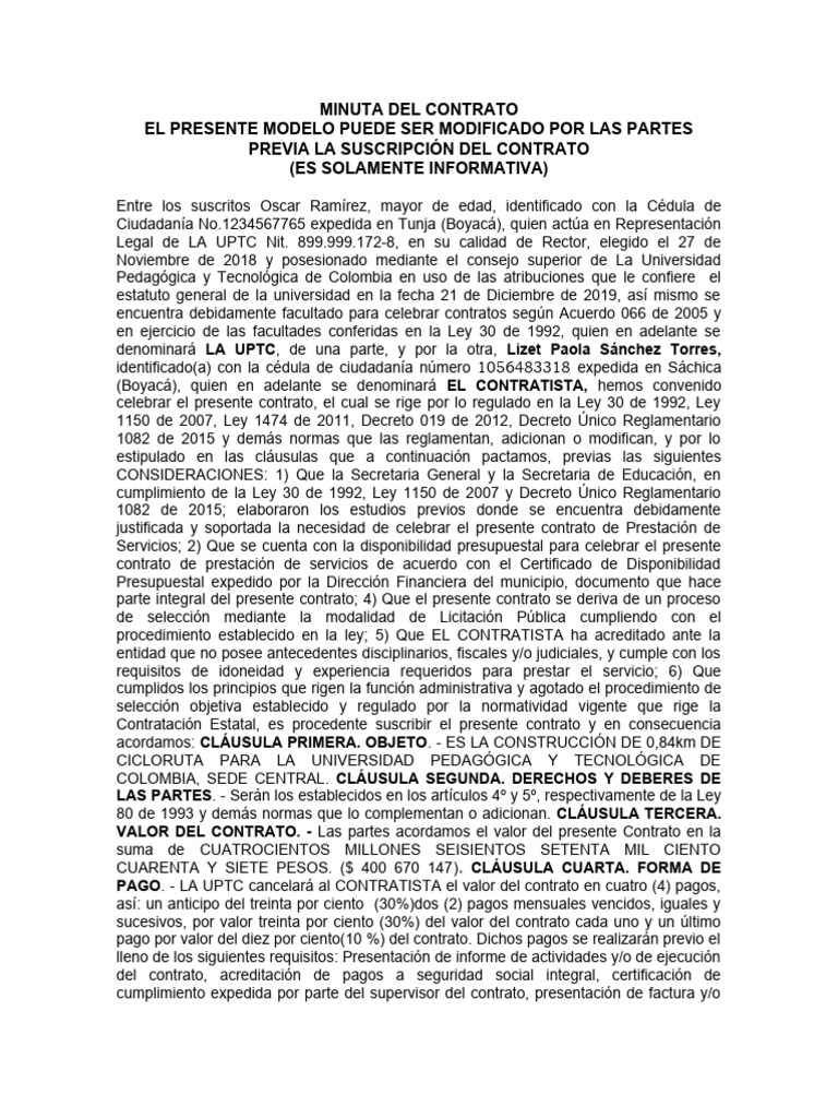 Contrato Cicloruta UPTC: Detalles y Obligaciones | PDF | Finanzas y dinero | Ciencias sociales