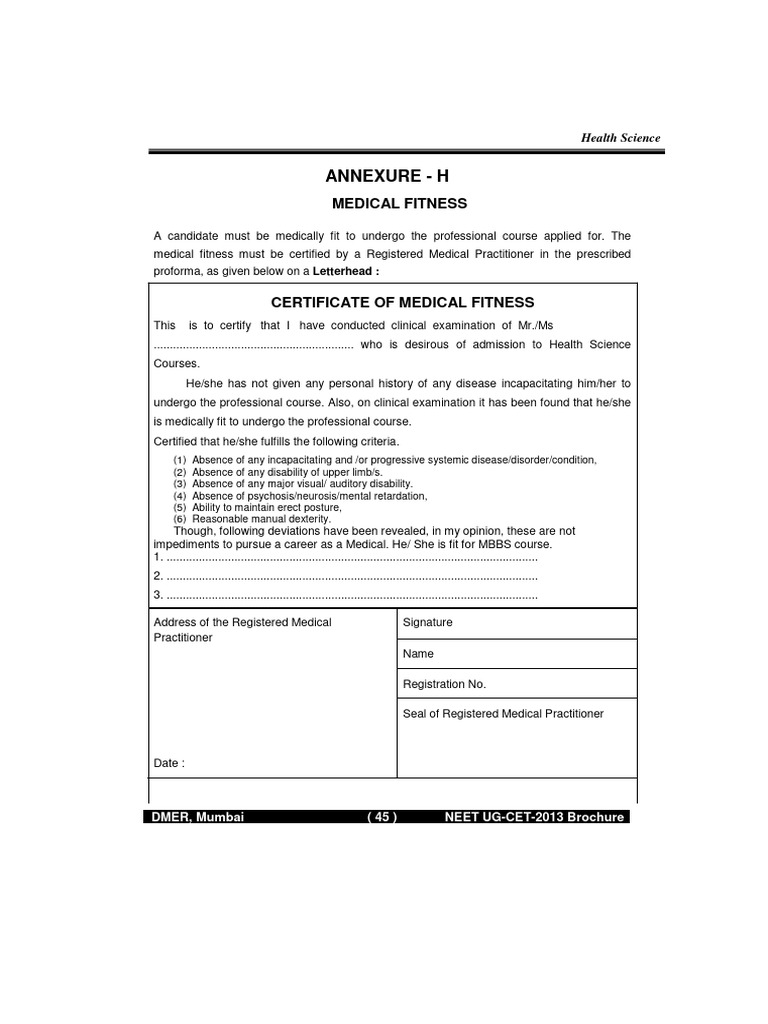 Medical Fitness Certificate for BDS | PDF
