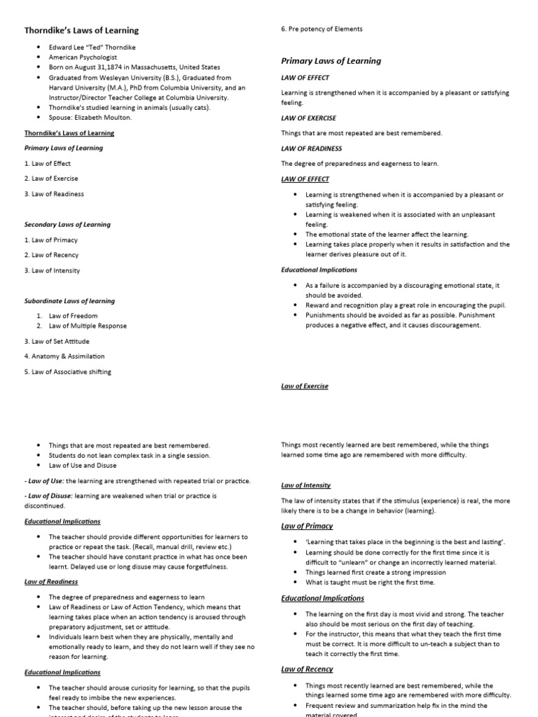 Thorndike's Laws of Learning | PDF | Learning | Psychological Theories
