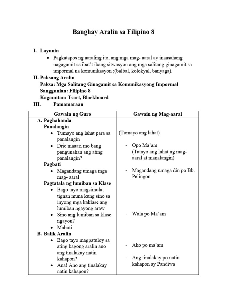 Banghay Aralin Sa Filipino 8 | PDF