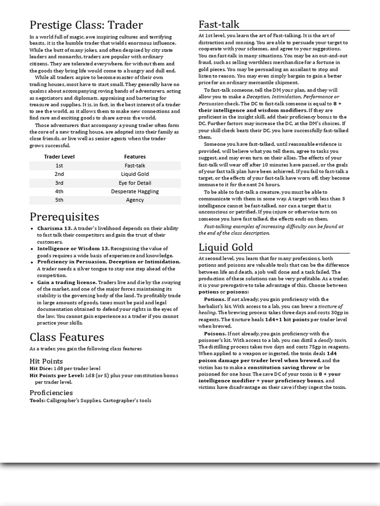 Trader Prestige Class (Dark Sun Dune 5e Trader Conversion) - GM Binder ...