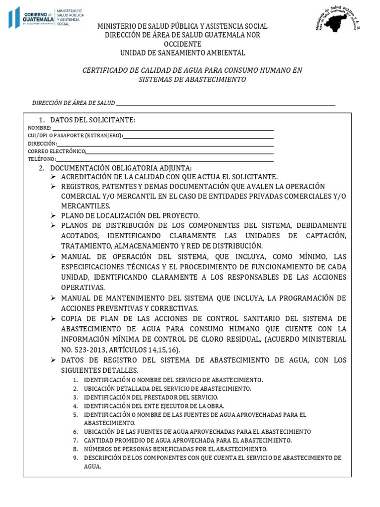 Formulario Certificado de Calidad de Agua para Consumo Humano en ... Formulario Certificado de Calidad de Agua para Consumo Humano en ...