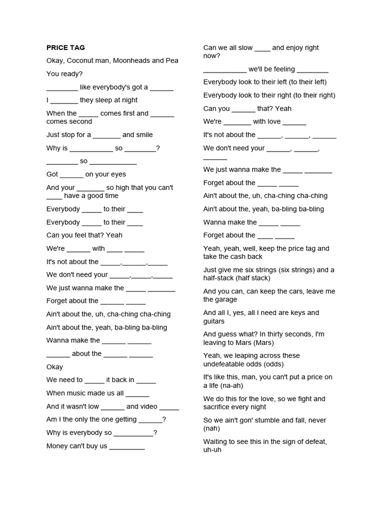 PRICE TAG Lyrics | PDF | Recorded Music | Songs