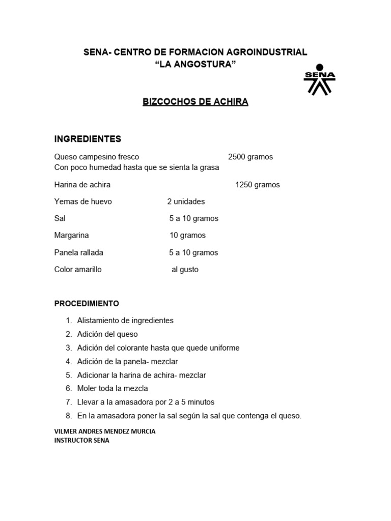 Receta de Bizcochos de Achira SENA | PDF | Cocina, comidas y vino
