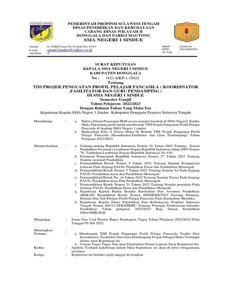 SK Koordinator, Fasilitatot Dan Guru Pendamping Projek | PDF