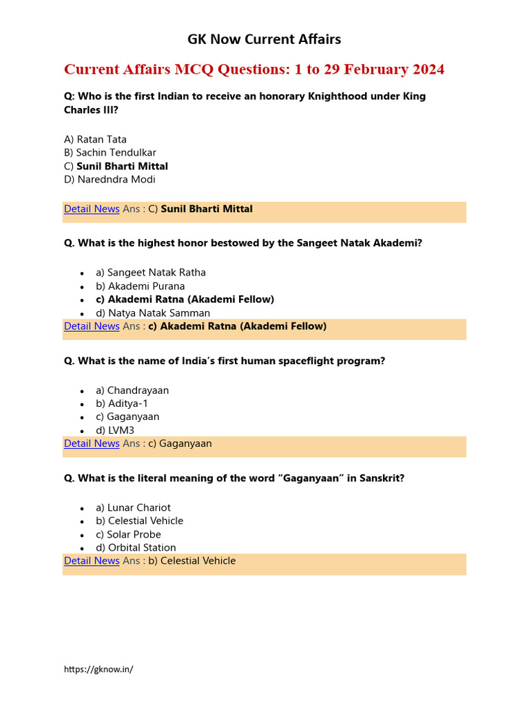 Monthly Current Affairs MCQ 1 To 29 February 2024 English | PDF ...