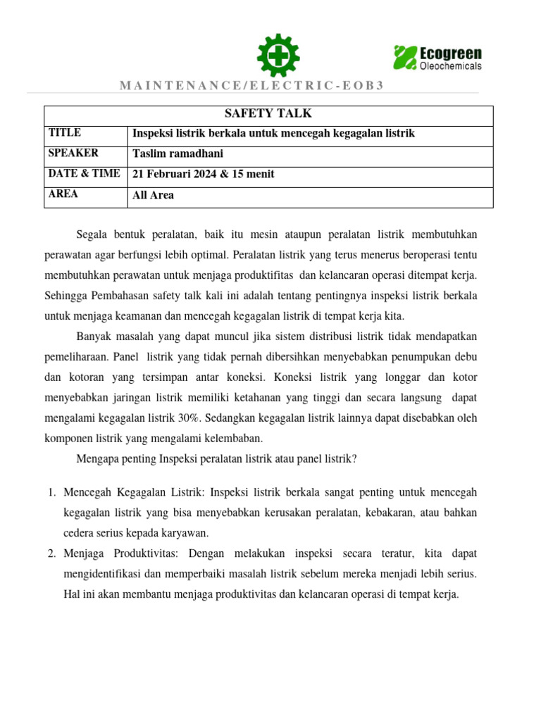 Inspeksi Listrik Berkala Untuk Mencegah Kegagalan Listrik | PDF
