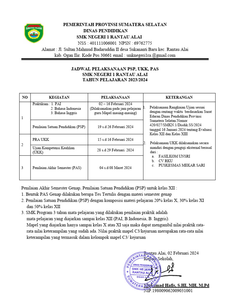 Jadwal Pelaksanaan Usp, Ukk, PSP 2024 | PDF