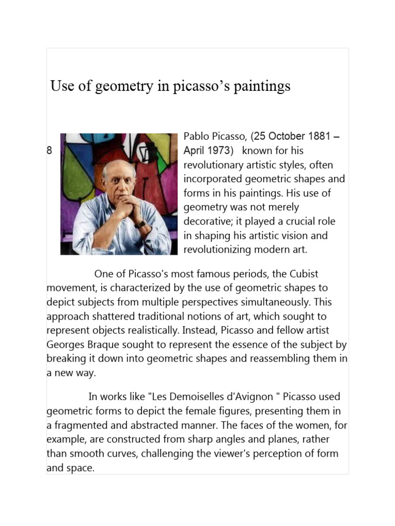 Use Of Geometry In Picasso Pdf Pablo Picasso Cubism