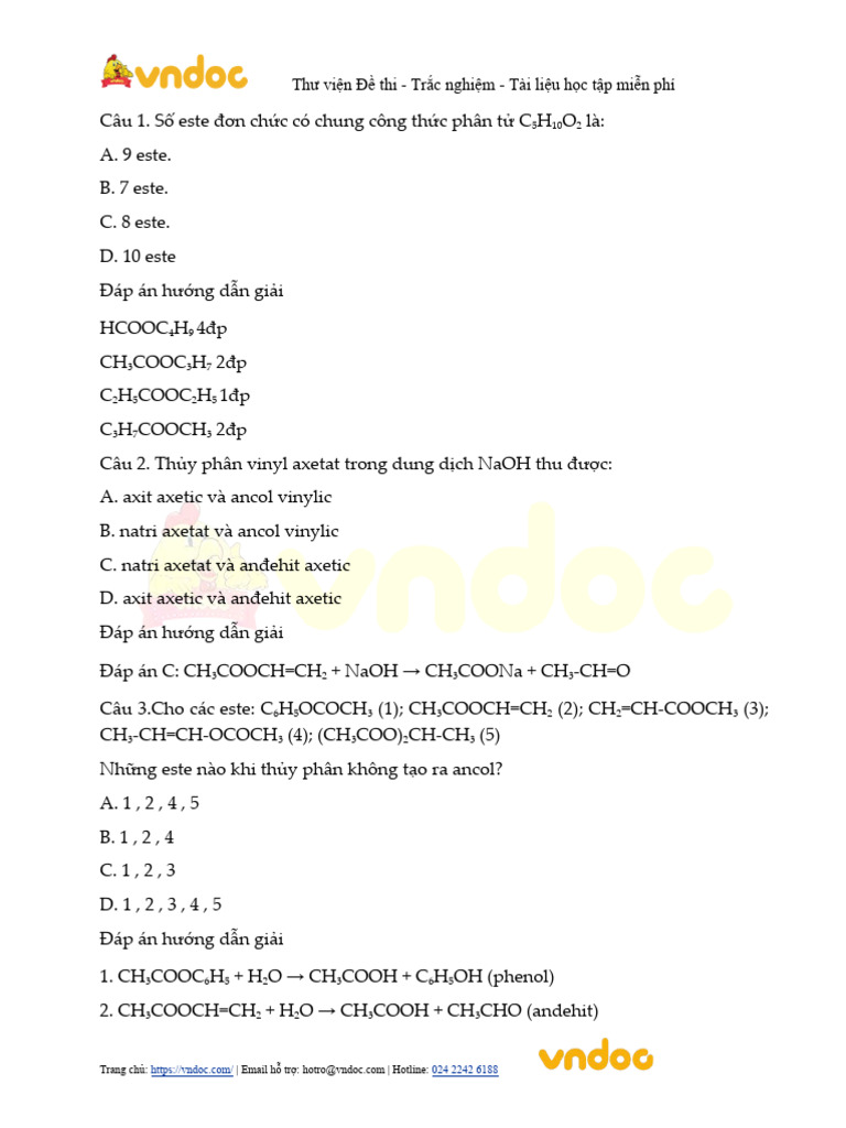 40 Cau Hoi Trac Nghiem Ly Thuyet Este Co Dap An | PDF