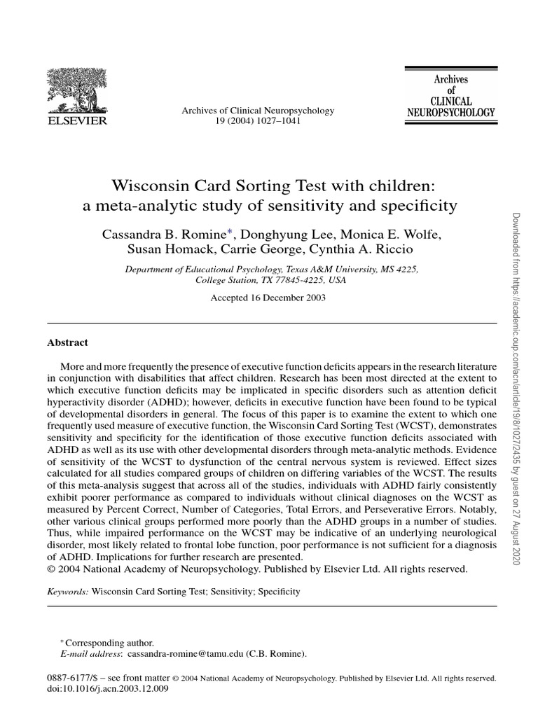 Romine Et Al. Wisconsin Card Sorting Test With Children | Download Free ...