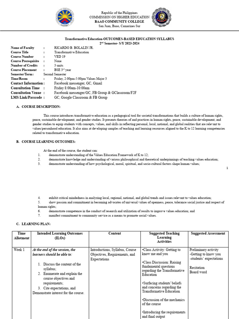 VED 19 Transformative Education Syllabus 2023 2024 | PDF