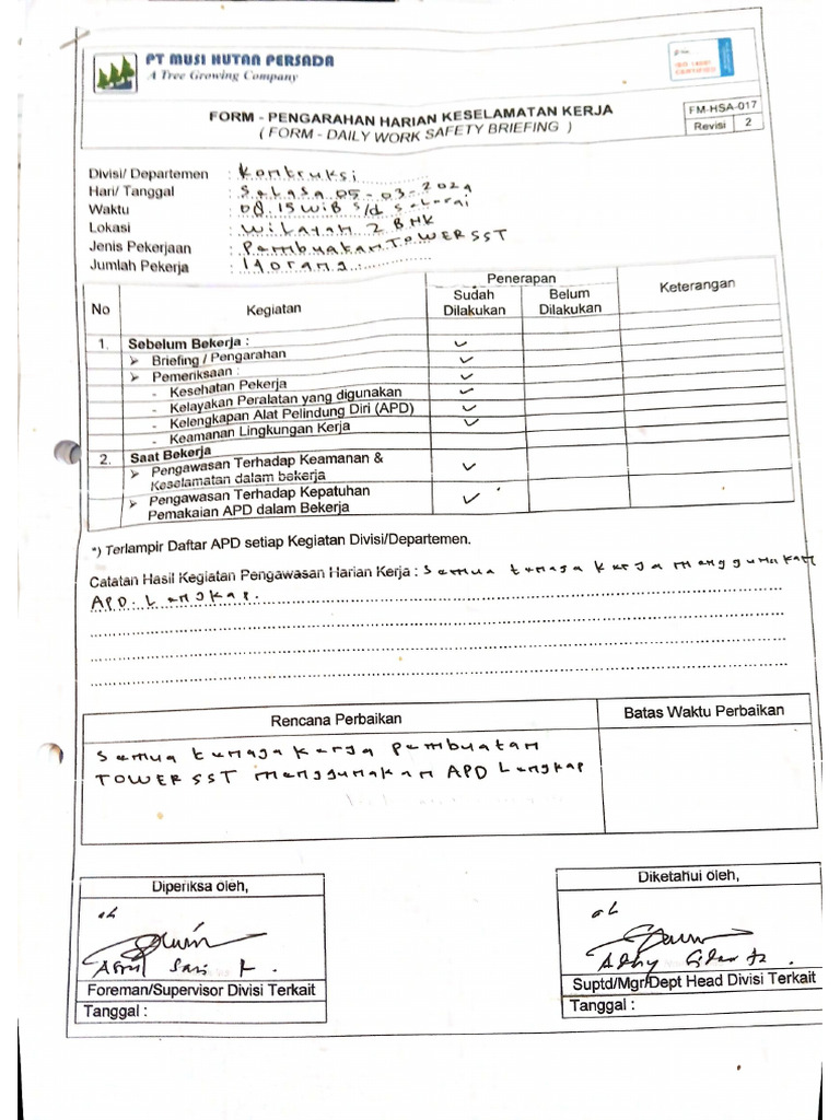 Dokumen Daily Safety Breafing Site MHP | PDF