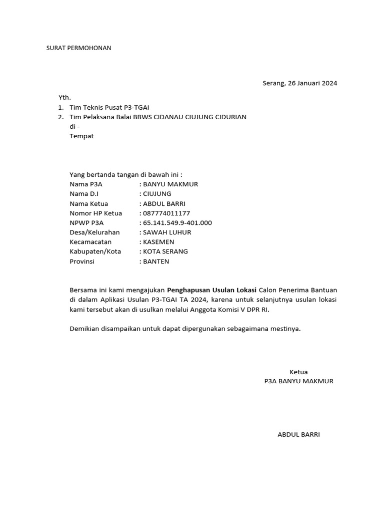 Usulan Penghapusan Lokasi P3A 2024 | PDF