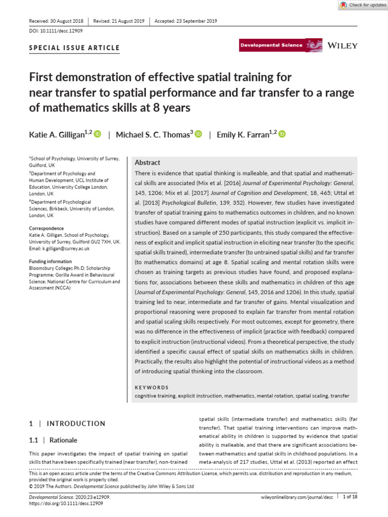 First Demonstration of Effective Spatial Training For Near Transfer To ...