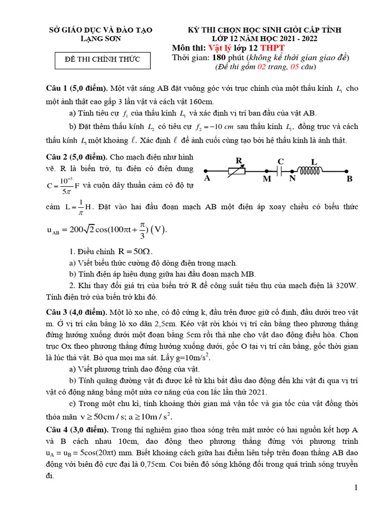 De Hoc Sinh Gioi Tinh Vat Ly 12 THPT Nam 2021 2022 So GDDT Lang Son | PDF