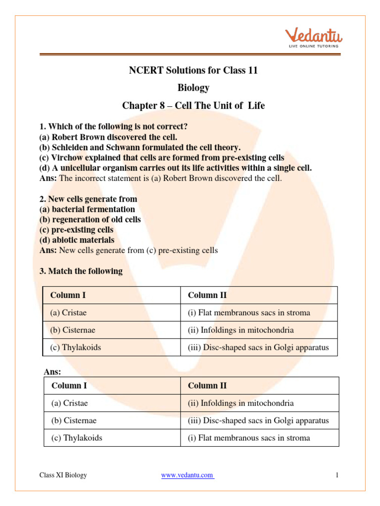 Ncert Solutions For Class 11 Biology Chapter 8 Cell The Unit Of Life Pdf Cell Biology