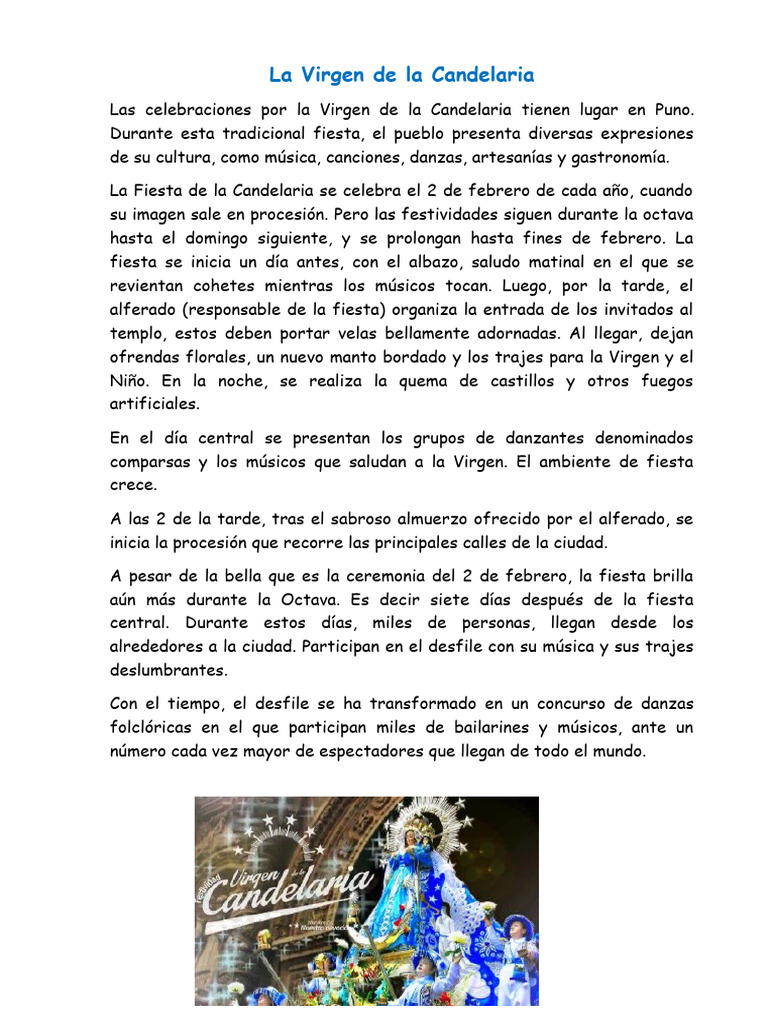 Ficha La Virgen de La Candelaria | PDF | Fiestas cristianas y días santos | Festival