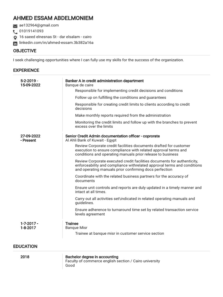Ahmed Essam Abdelmoniem - Banking CV | PDF | Finance & Money Management