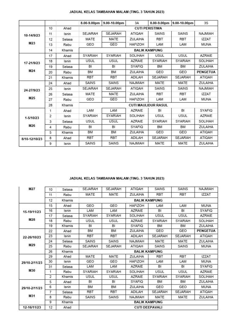 JADUAL KELAS TAMBAHAN - TING 3 2023.docxNEW | PDF