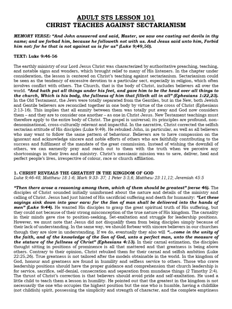 Adult STS Lesson 101 - Christ Teaches Against Sectarianism | PDF | Jesus | Gospel Of Matthew