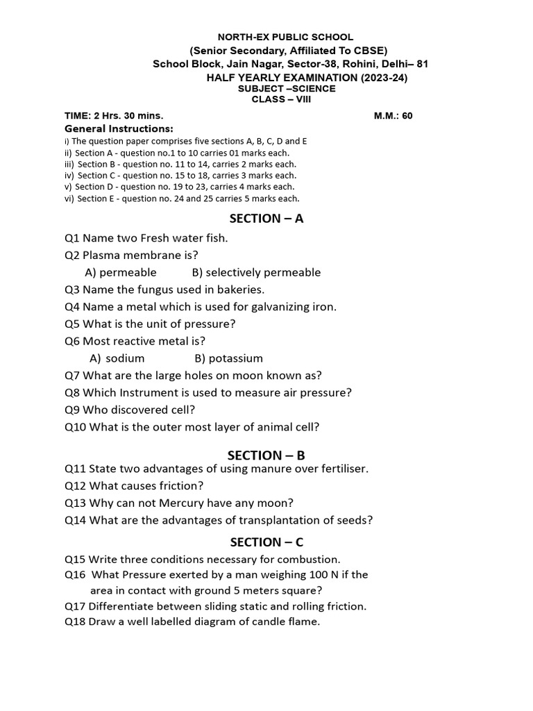 Class 8th Science Half Yearly Question Paper Copy | PDF | Moon ...