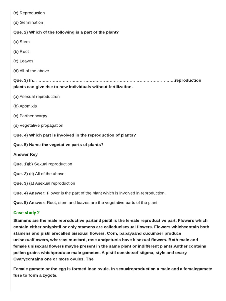 Case Study Questions Class 7 Science - Reproduction in Plants Part 25 | PDF