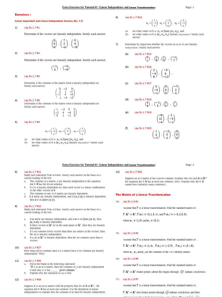 Extra Exercises For Tutorial 04 (Linear Independence and Linear ...