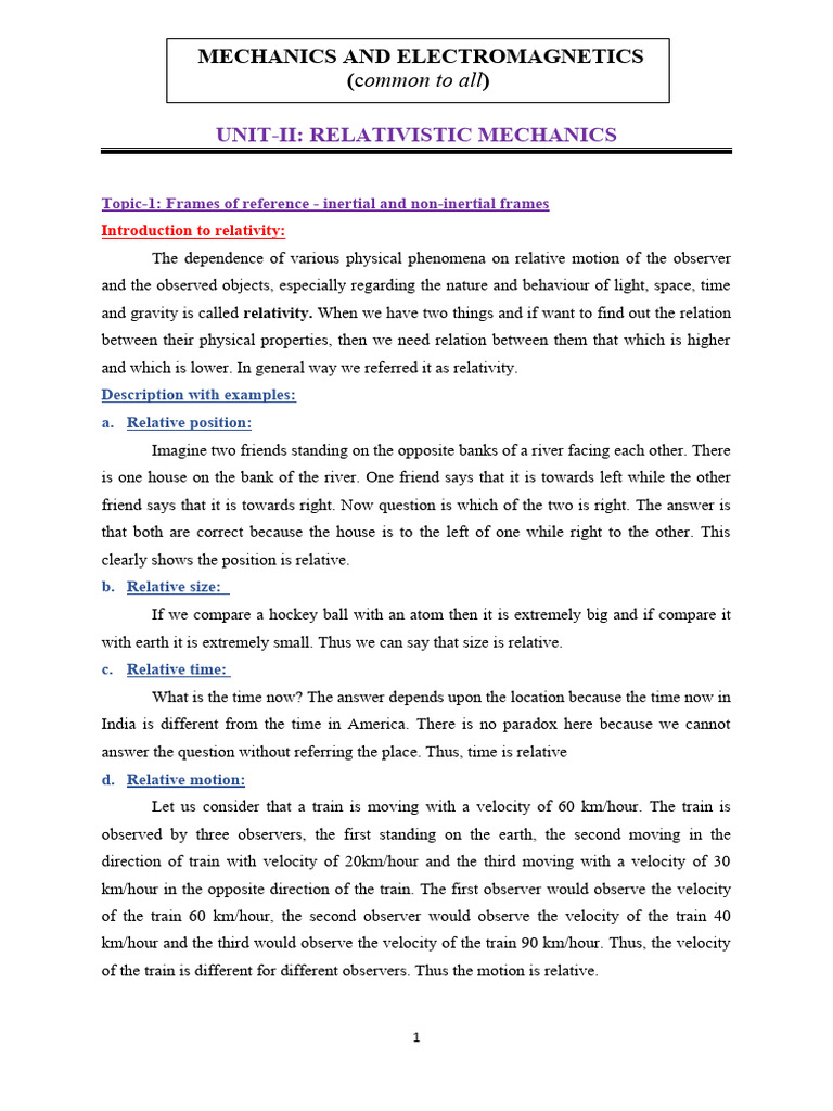 UNIT-II (Relativistic Mechanics) | PDF | Theory Of Relativity | Special Relativity