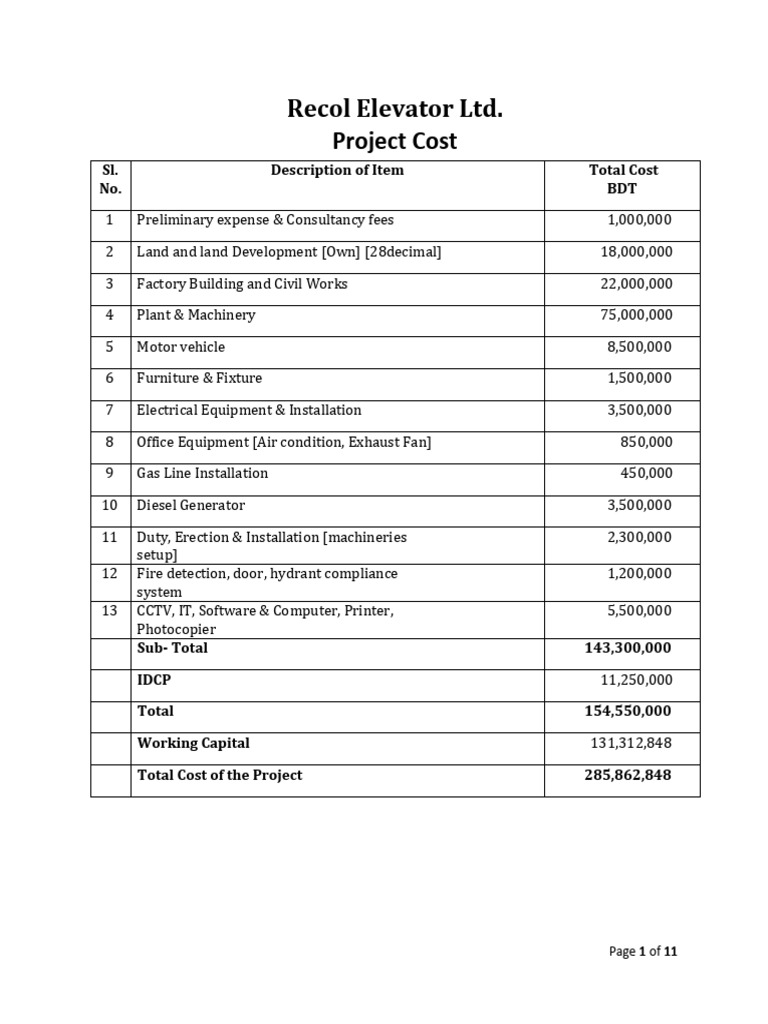 Recol Elevator Ltd. - Project Cost, Loan Structure and Financial ...