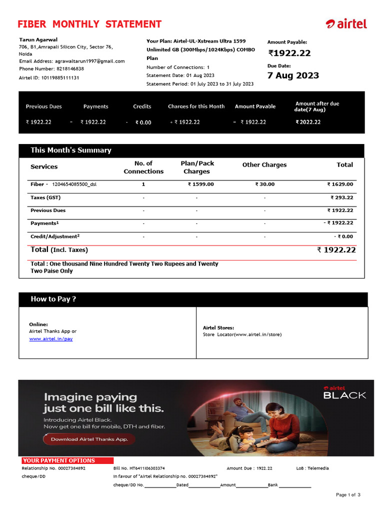 Airtel Fiber Monthly Statement Summary | PDF