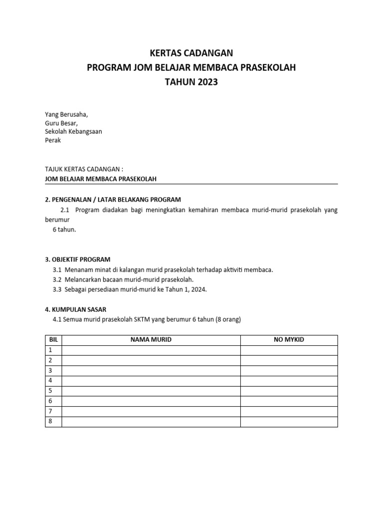 Program Jom Belajar Membaca Prasekolah | PDF