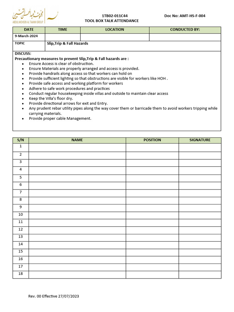 Amt-Hs-F-004 - Tool Box Talk Attendance Sheet (TBT) | PDF