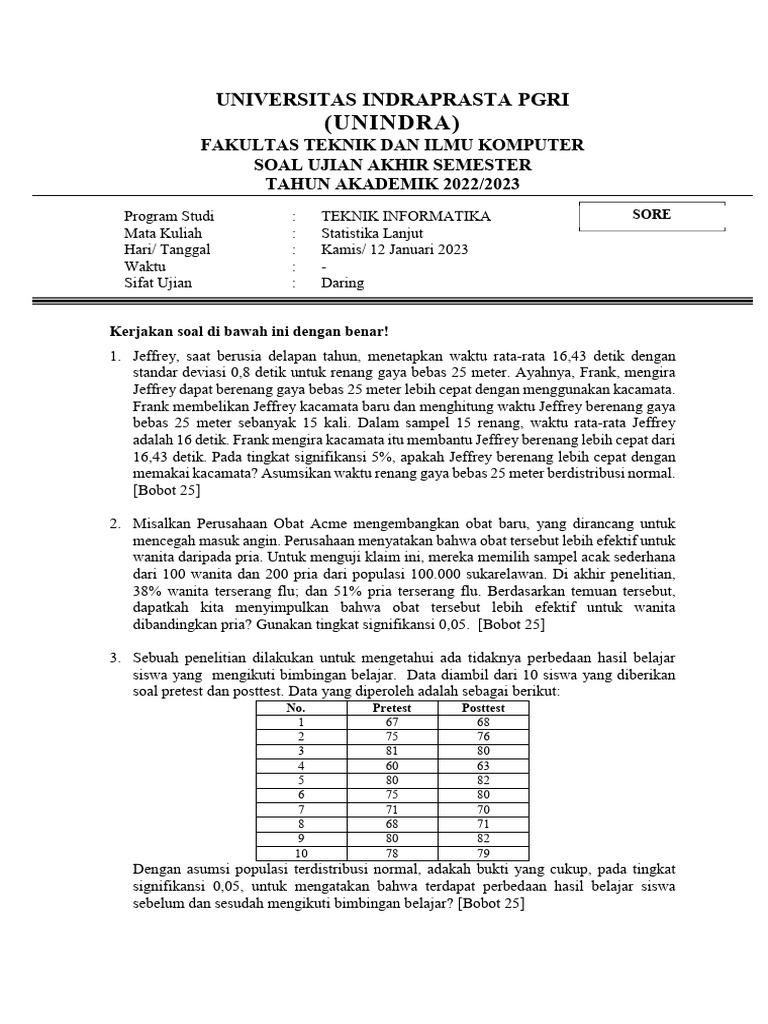 Soal UAS Statistika Lanjut Sore Unindra | PDF