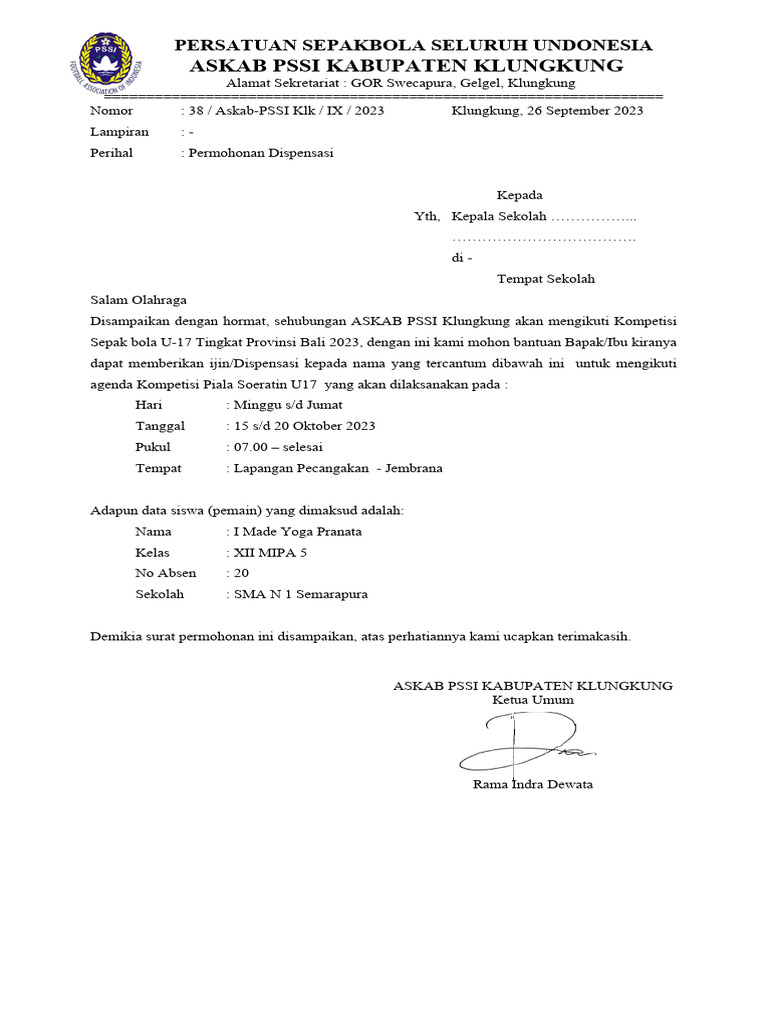 Dispensasi Made Yoga Pranata | PDF | Olahraga & Rekreasi