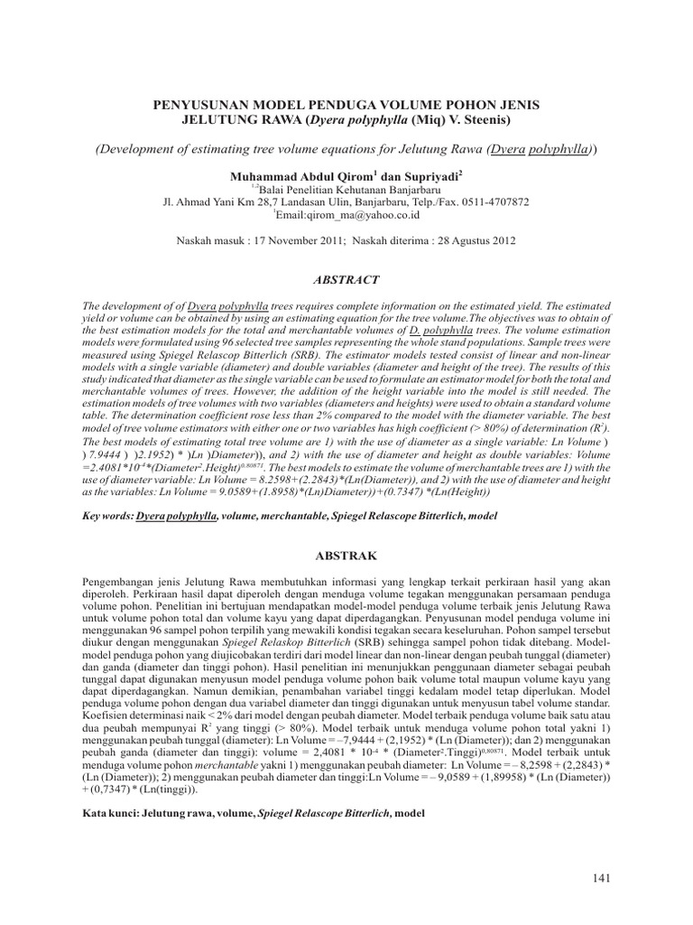 Development of Estimating Tree Volume Equations For Jelutung Rawa Dyera ...