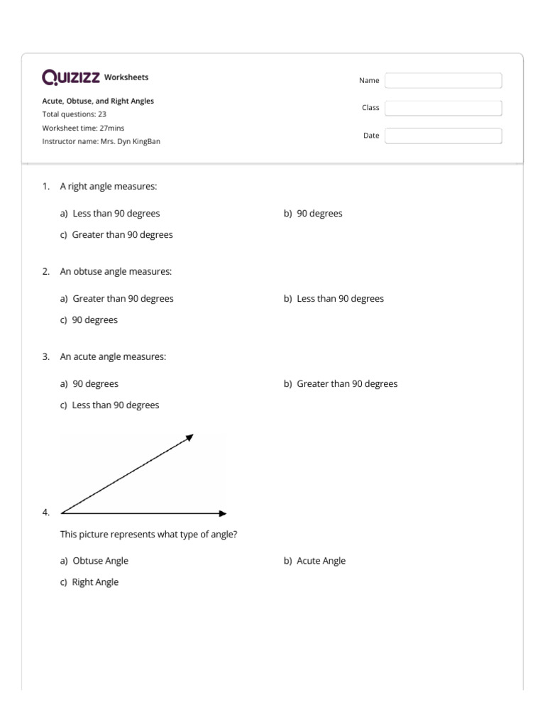 Acute, Obtuse, and Right Angles Quizizz | PDF