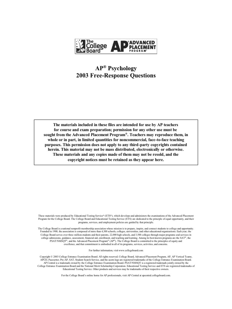AP Psychology Free Response Questions 2003 (1 Prompt) | PDF | Advanced ...
