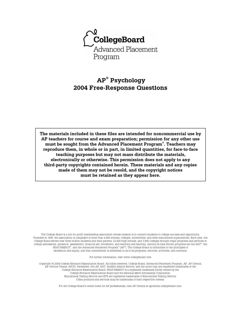 AP Psychology Free Response Questions 2004 (1 Prompt) - Unlocked | PDF