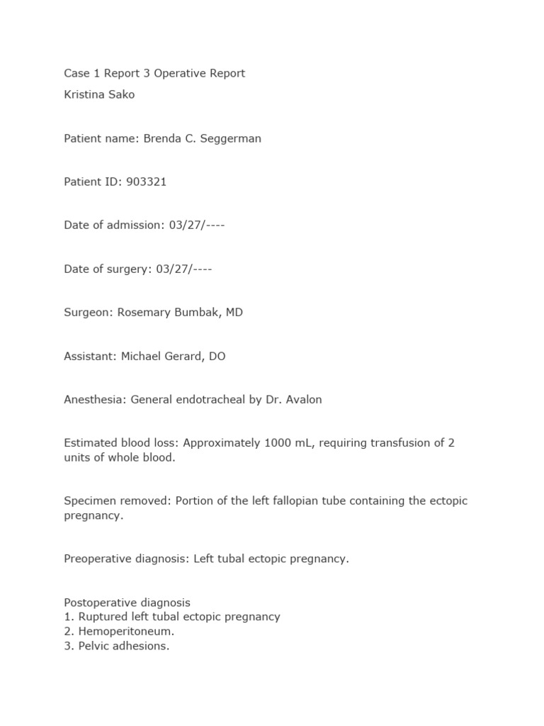 Sako Transcription Case1 r3 Operative Report | PDF | Surgery | Bleeding