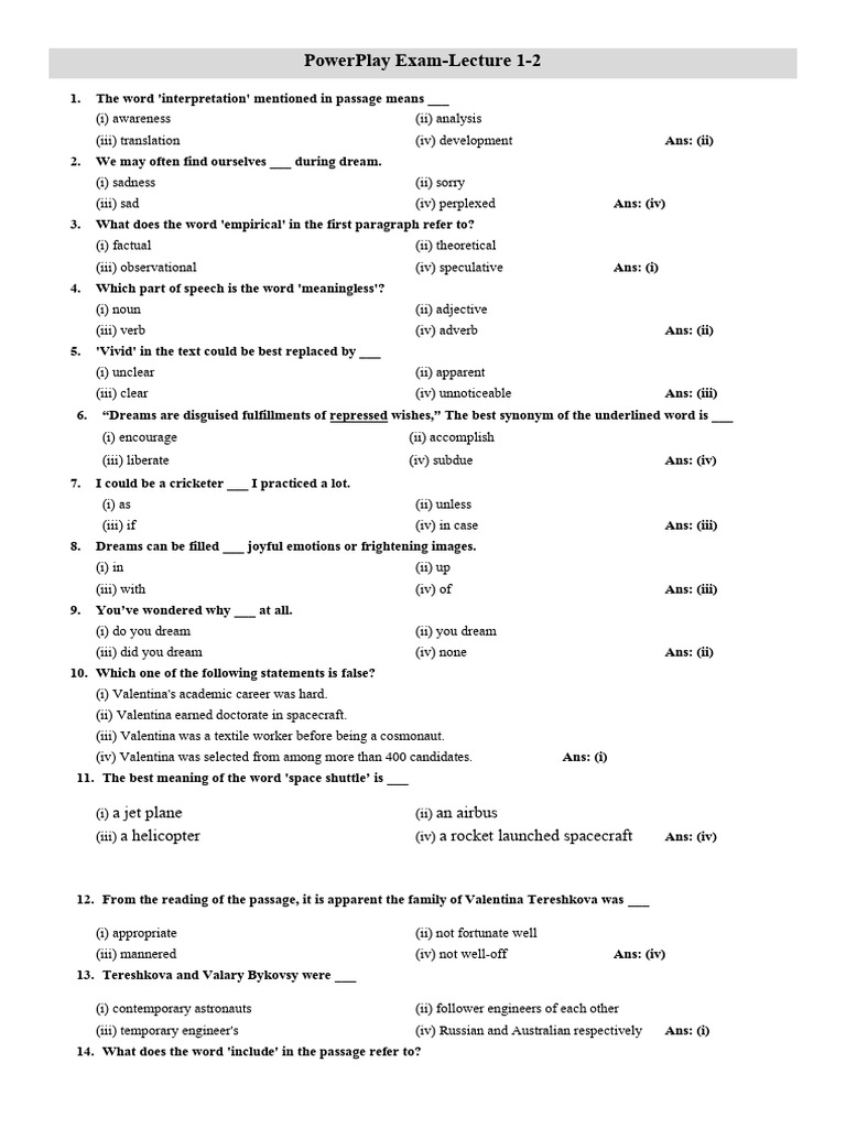 PowerPlay Exam: Language & Vocabulary | PDF | Astronauts | Adjective