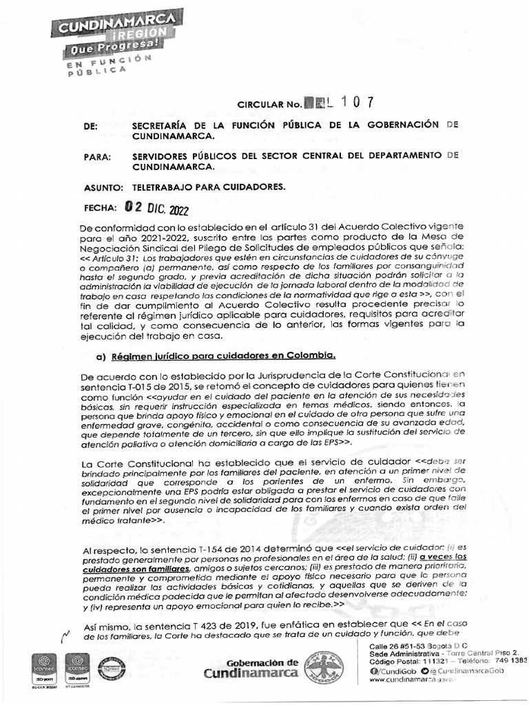 Teletrabajo para Cuidadores - Circular 107 Del 02.12.22 | PDF