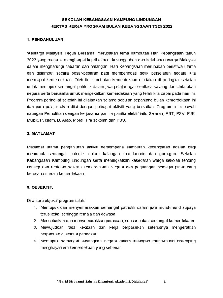 KERTAS KERJA BULAN KEBANGSAAN 2022 SKKL | PDF