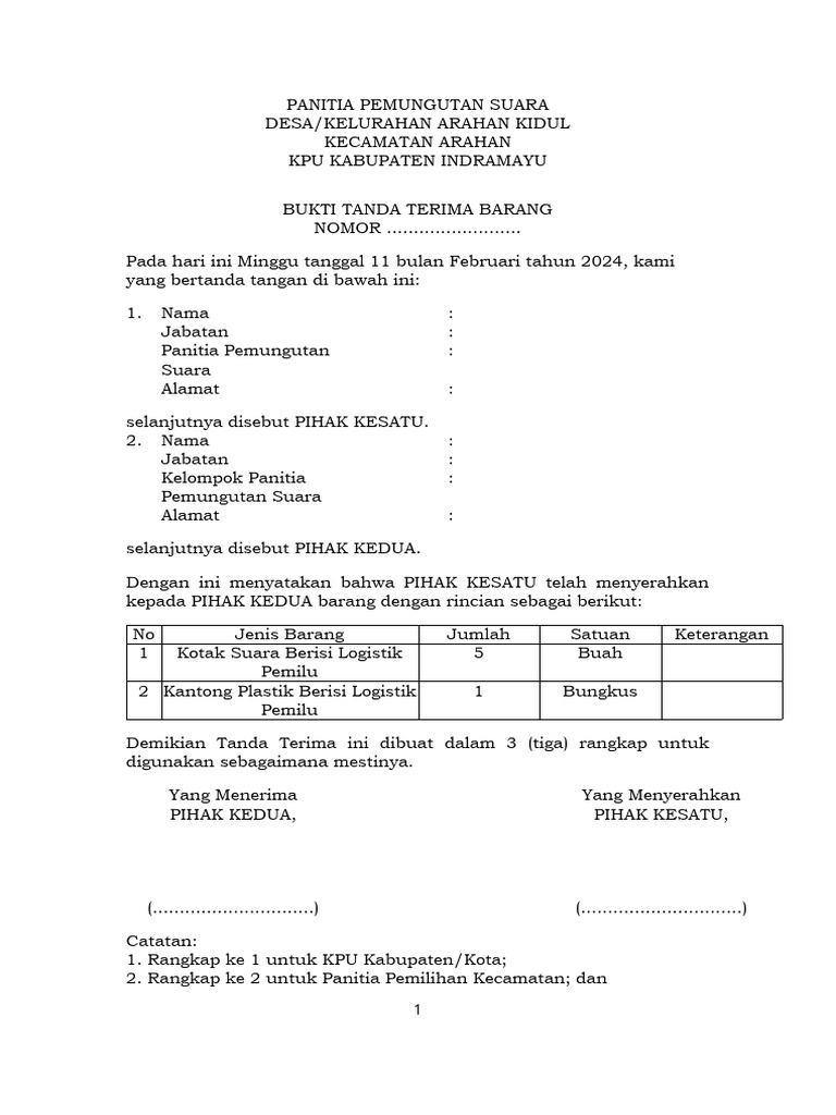 TEMPLATE_BUKTI_TANDA_TERIMA_BARANG_PPS KE KPPS | PDF