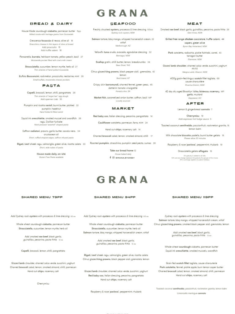 Grana - A3 All Day Menu - 100124 | PDF | Pasta | Food And Drink