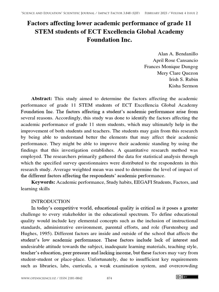 Factors Affecting Lower Academic Performance of Grade 11 Stem Students ...