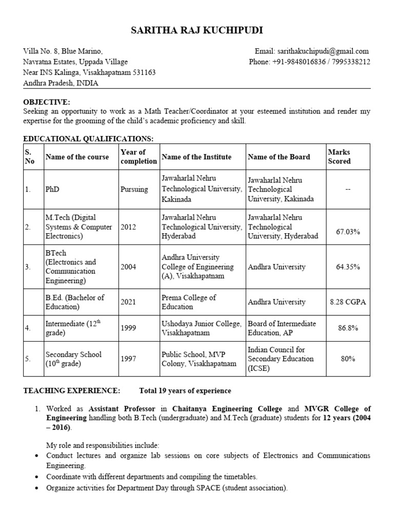 Saritha Resume Pdf Teachers Educational Technology